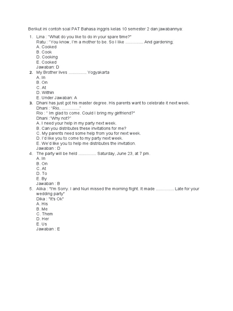 Berikut Ini Contoh Soal PAT Bahasa Inggris Kelas 10 Semester 2 Dan Jawabannya | PDF