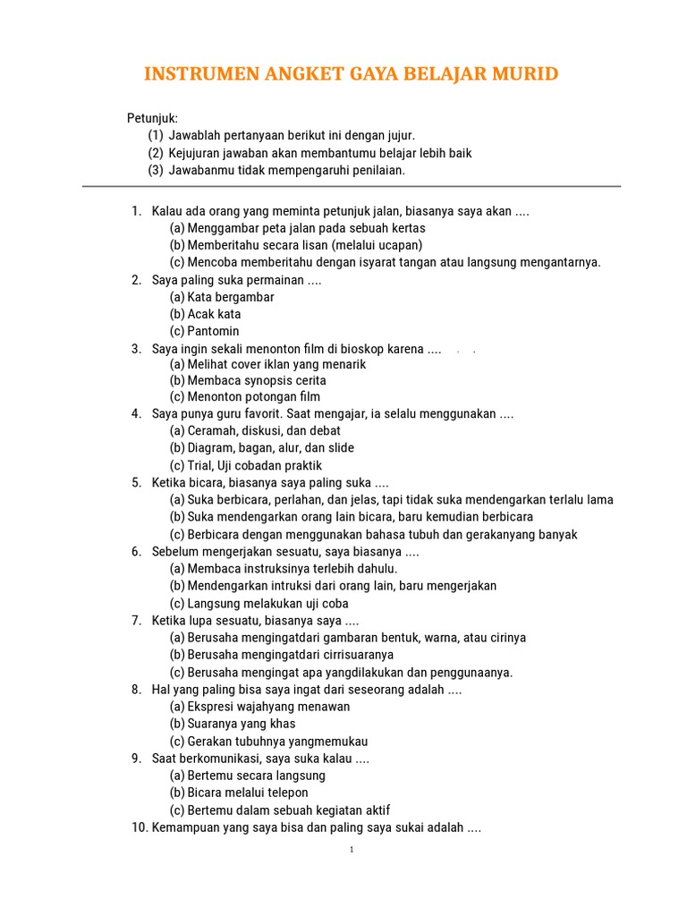 Asesmen Diagnostik Non Kognitif Gaya Belajar VAK | PDF Asesmen Diagnostik Non Kognitif Gaya Belajar VAK | PDF