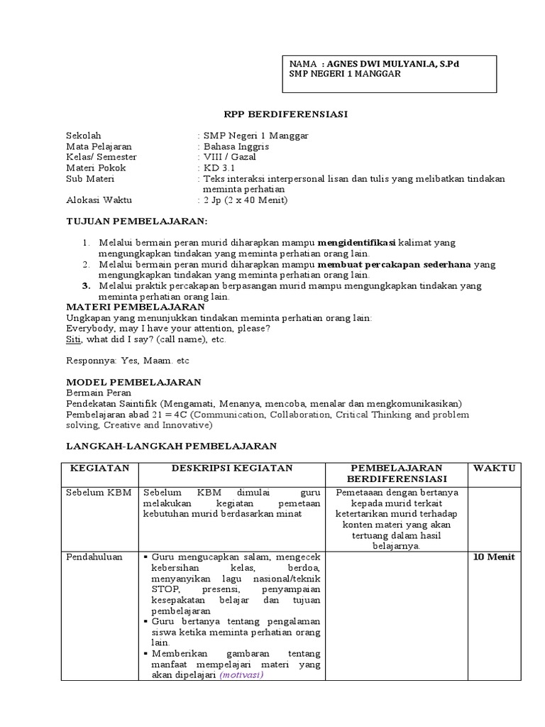 RPP Diferensiasi Attention | PDF