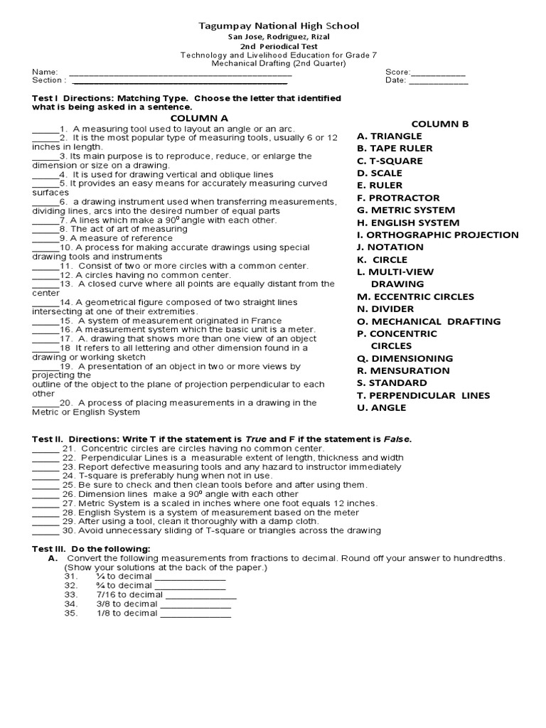 2nd Periodical Test TLE Mechanical Drafting With Answer | Download Free ...