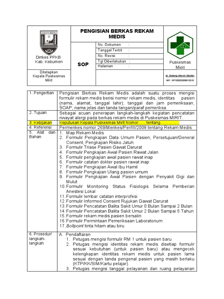 Sop Pengisian Rekam Medis | PDF