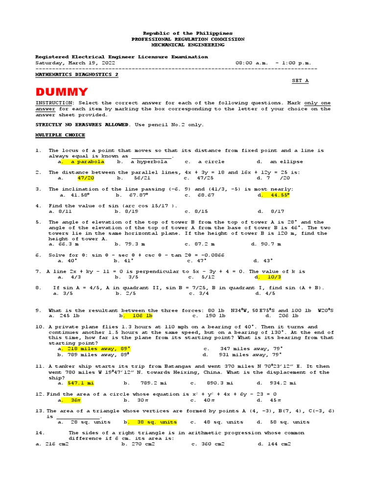 Mechanical Engineering Exam: Math Diagnostics | PDF