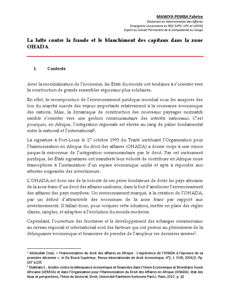 La Lutte Contre La Fraude Et Le Blanchiment Des Capitaux Dans La Zone ...