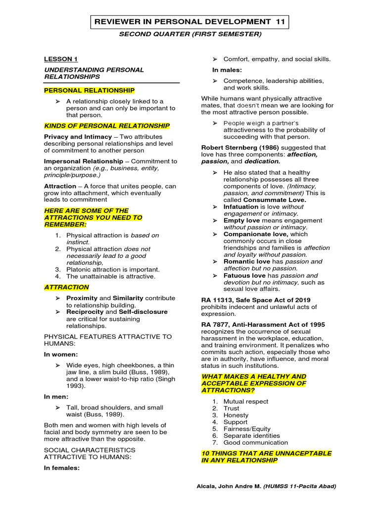 Reviewer in Personal Development (2nd Quarter, First Semester) | PDF