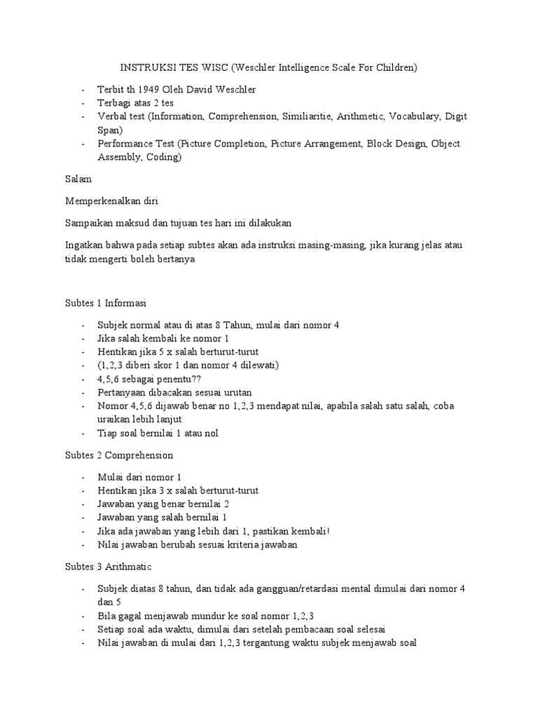 Instruksi Tes WISC untuk Anak | PDF
