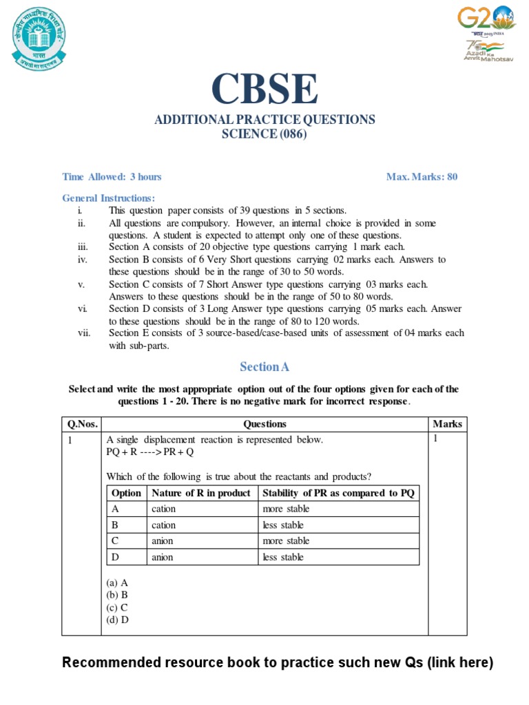 Class 10 Science Sample Paper 2023-24 | PDF