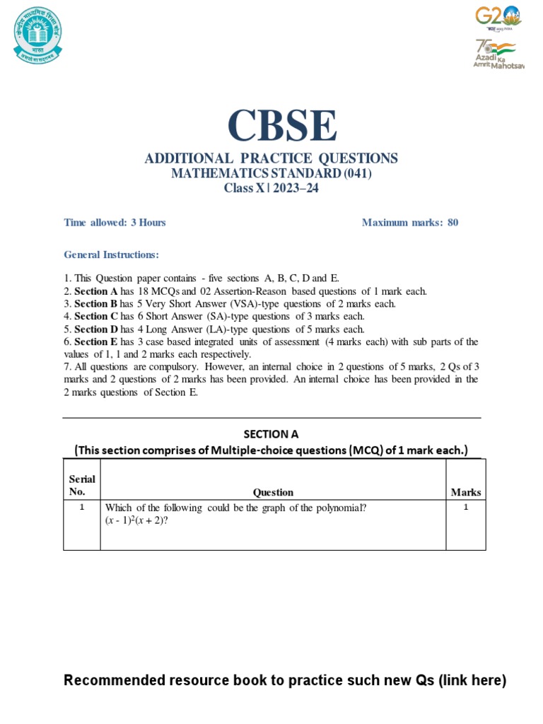 Class 10 Mathematics Sample Paper 2023-24 | PDF | Trigonometric Functions | Circle