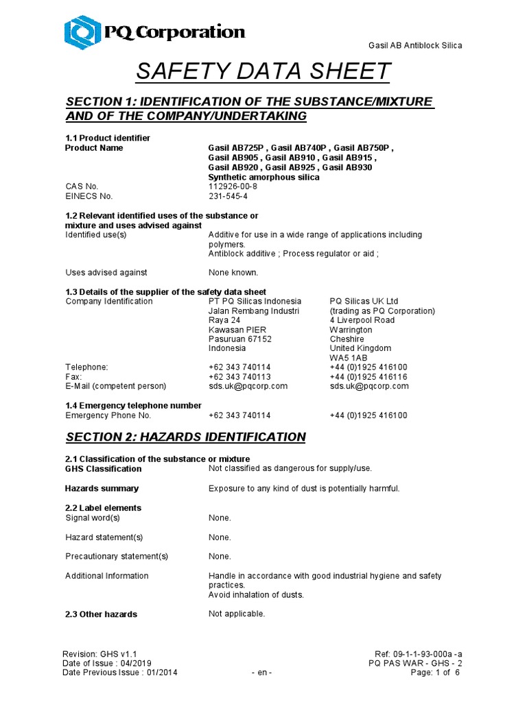 SDS Gasil AB910 Ex-PQ Corporation (Expiry 2024) | PDF | Toxicity ...