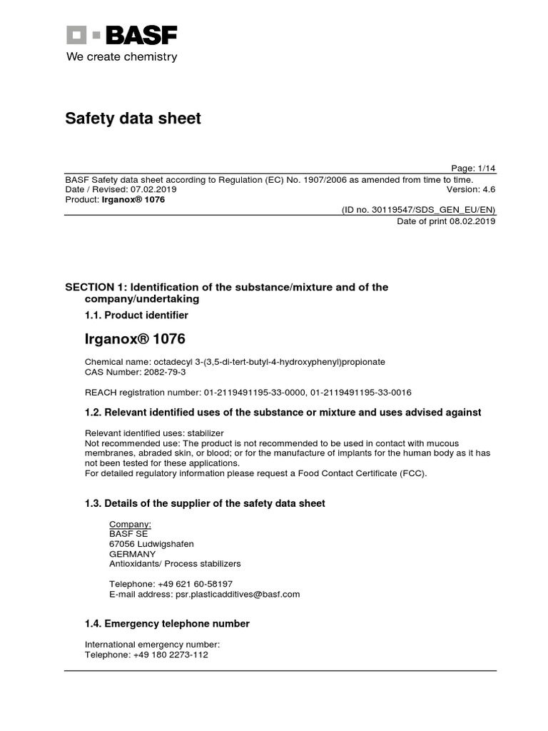SDS Irganox 1076 Ex-BASF (Expiry 2024) | PDF | Toxicity | Materials