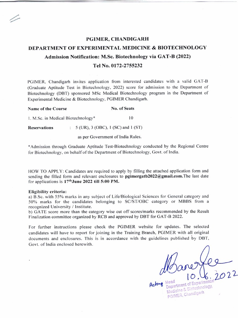 Admission To MSC Medical Biotechnology Program at PGIMER Through GAT-B ...