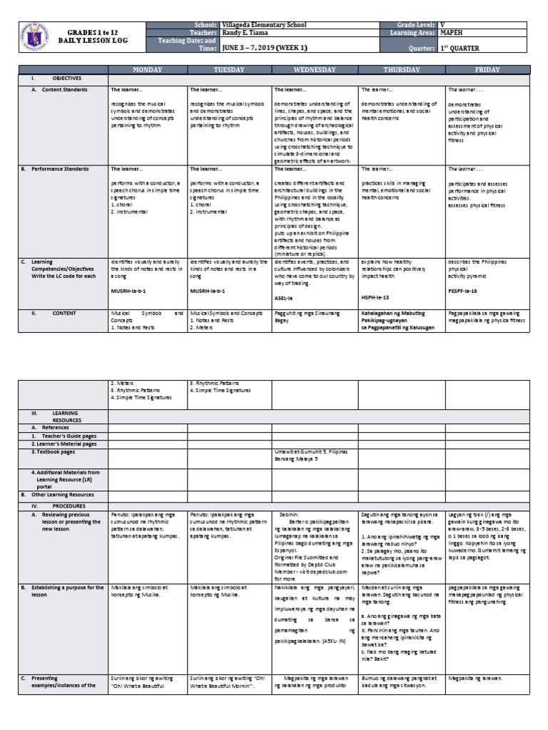 DLL - Mapeh 5 - Q1 - W1 | PDF | Learning | Cognitive Science