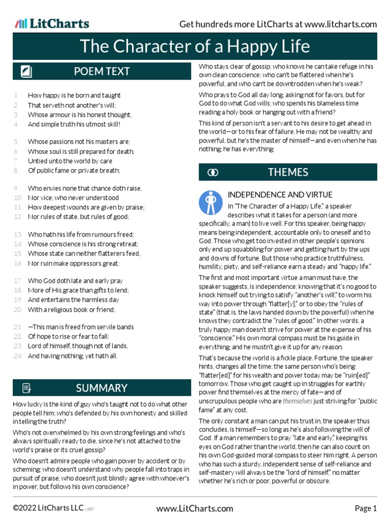 Lit-Charts - The Character of A Happy Life | PDF