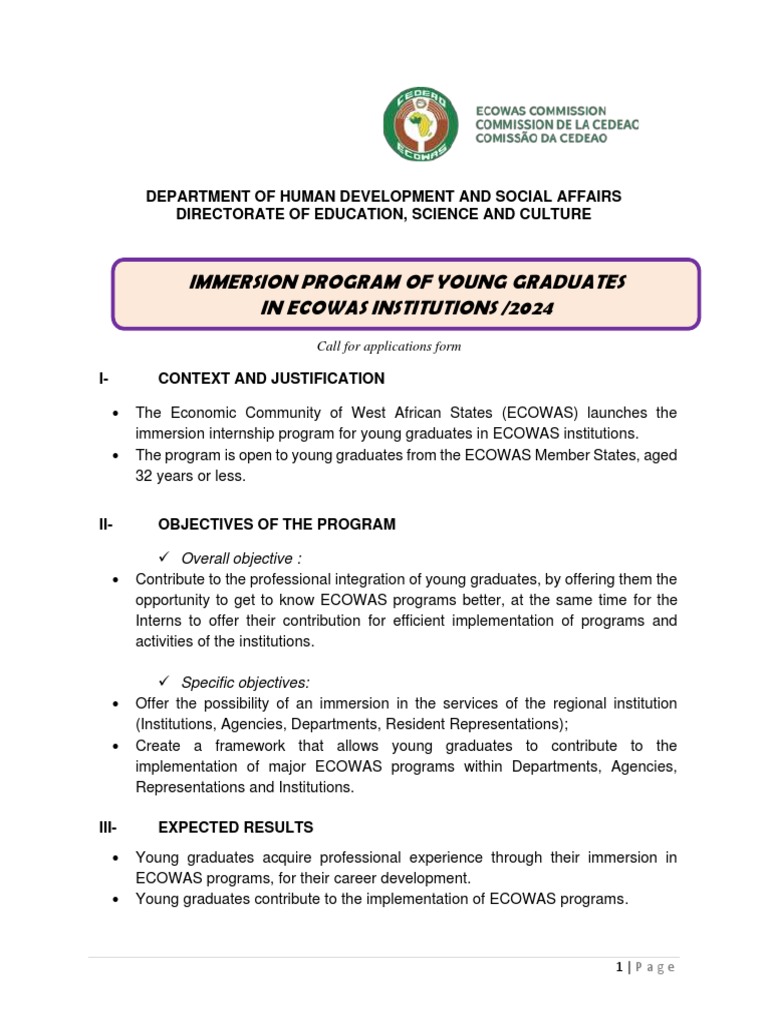 ECOWAS Young Graduate Immersion 2024 | PDF | Economic Community Of West ...