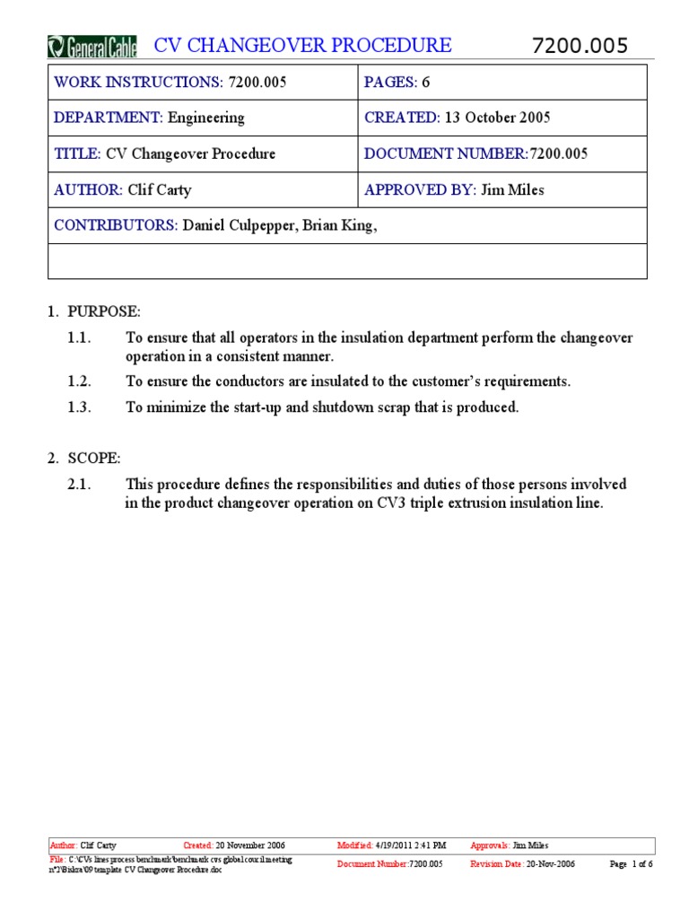 09 Template CV Changeover Procedure | PDF | Extrusion | Applied And ...