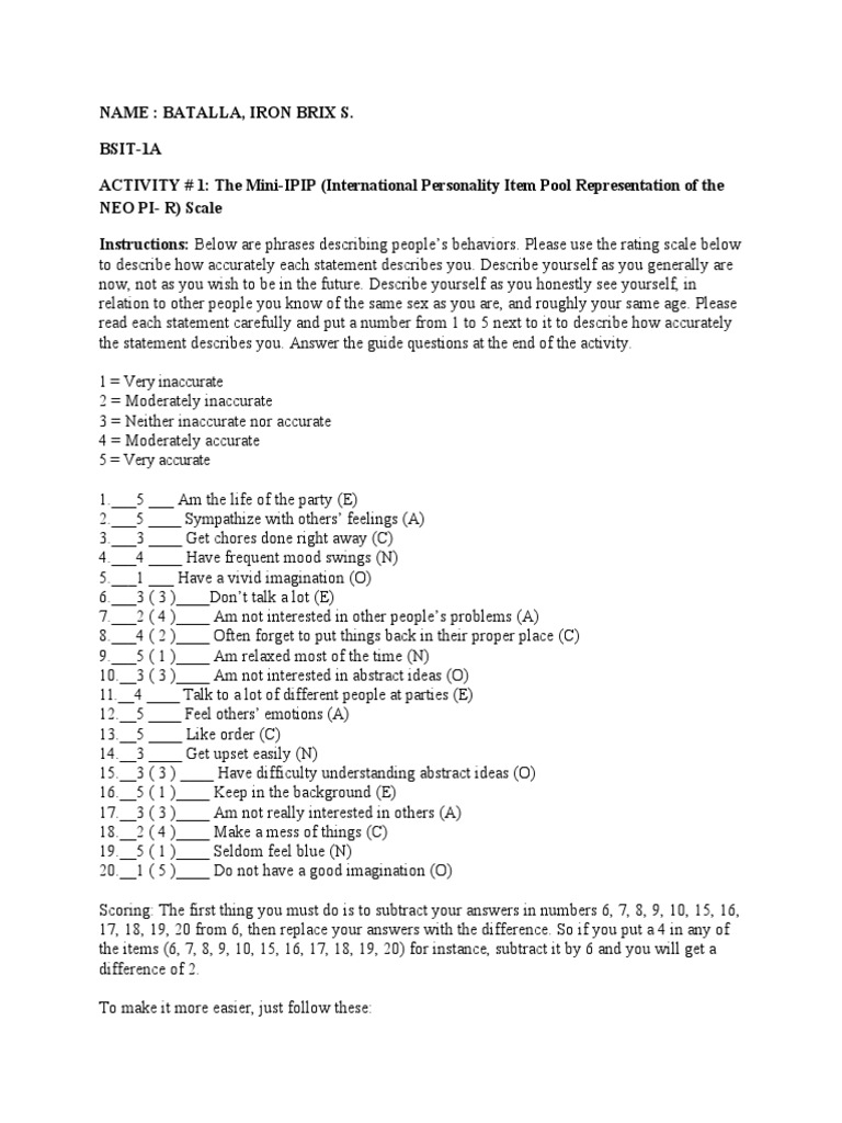 Mini Ipip Scale Activity 1 | PDF | Extraversion And Introversion | Behavioural Sciences
