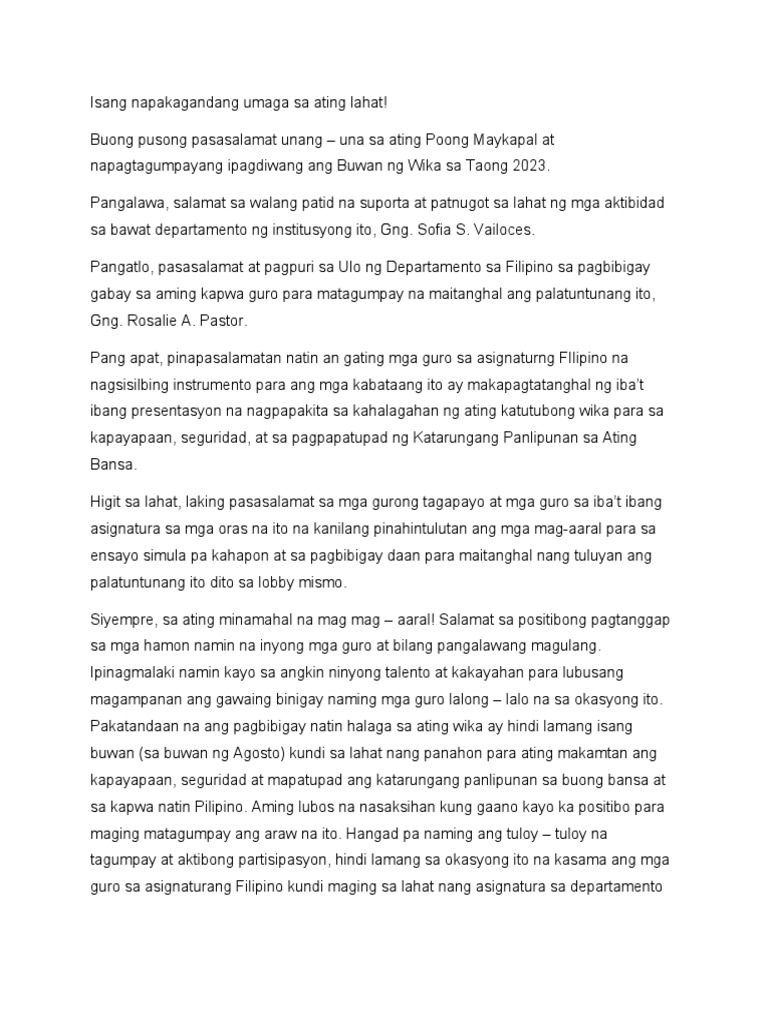 Pangwakas Na Mensahe Sa Buwan NG Wika | PDF