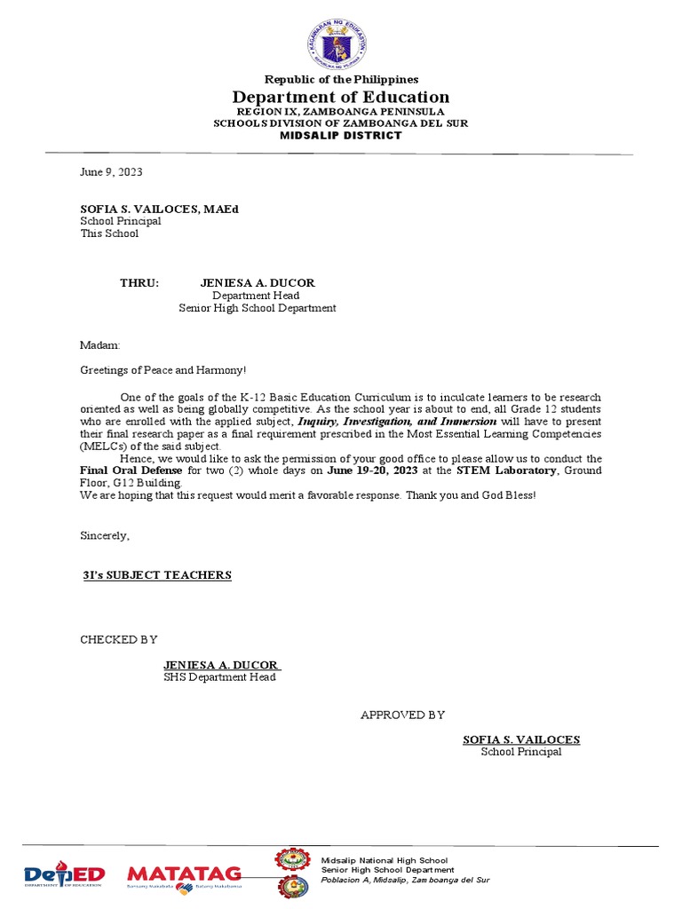 Letter For Final Oral Defense | PDF