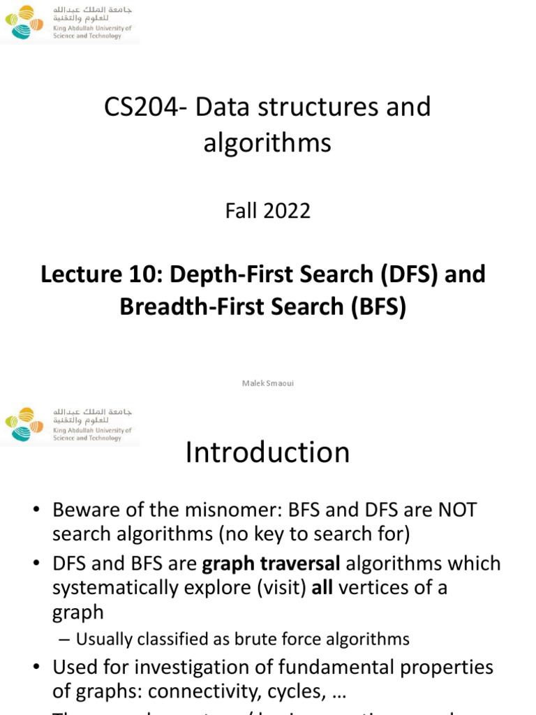 Kaust Cs204 Fall2022 Lecture10 Bfsanddfs | PDF | Vertex (Graph Theory) | Computer Programming