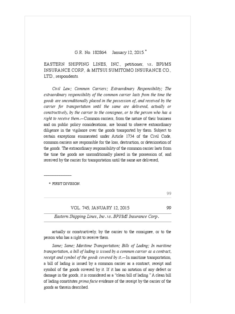 Eastern Shipping vs. BPI (745 SCRA 98) | PDF
