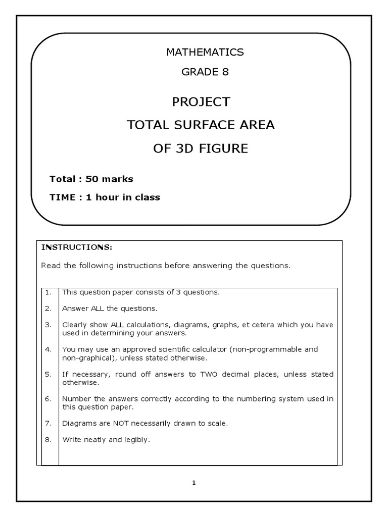 Grade 8 Term 3 Maths Project: TSA 3D Figures | PDF | Area | Rectangle