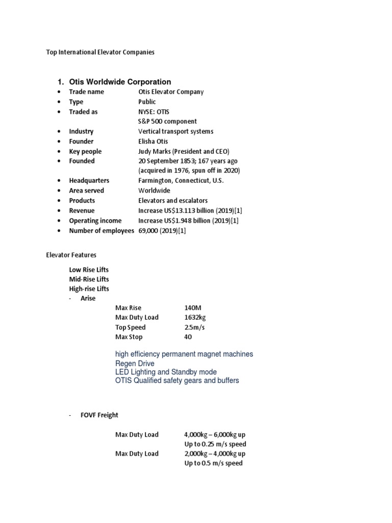 Top International Elevator Companies | PDF | Elevator | Manufactured Goods