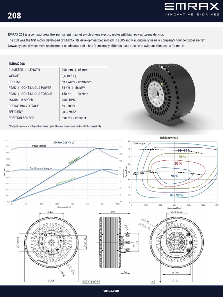 EMRAX 208 Datasheet A00 | PDF | Electric Motor | Power (Physics)