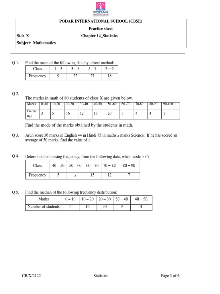 QP PS CBSE X Math CH 14 Statistics | PDF