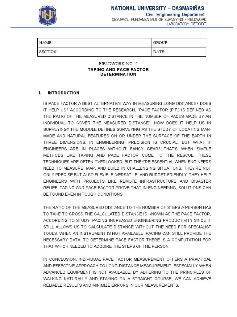 Fieldwork 2 - Taping and Pace Factor Determination | PDF | Surveying | Engineering