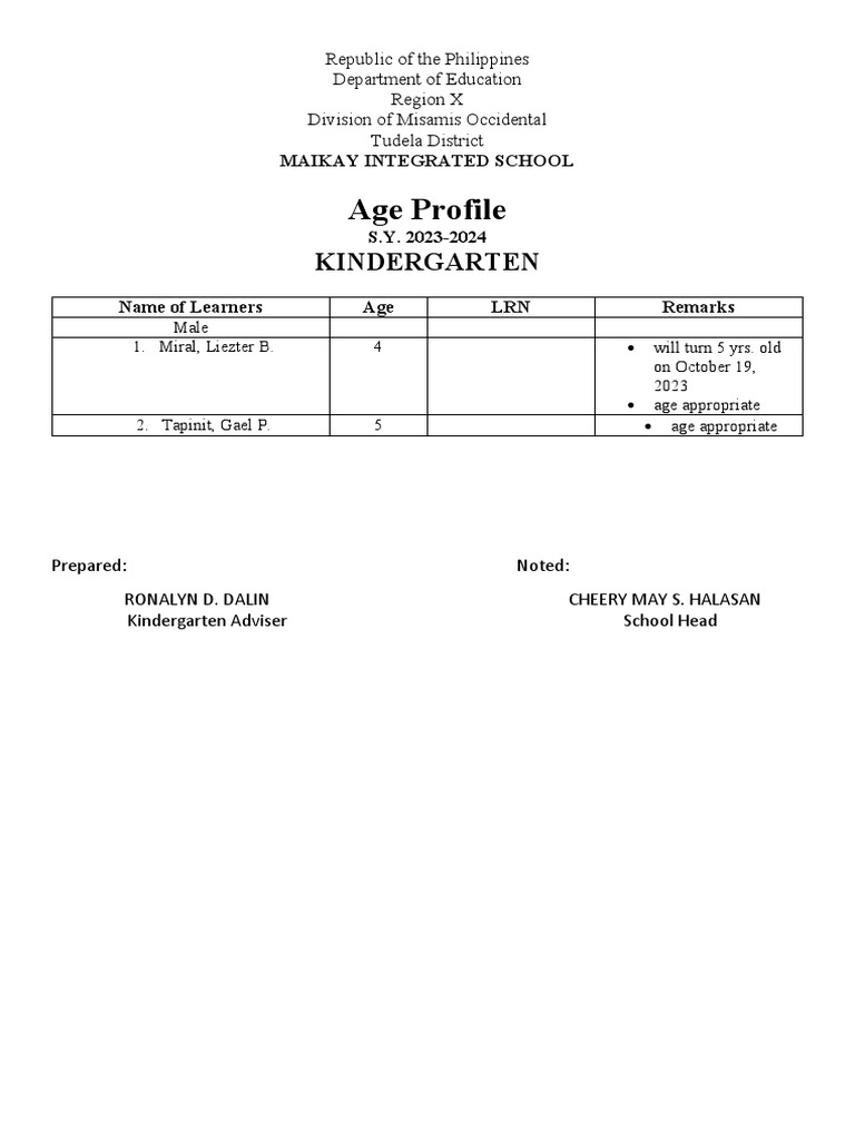 Kindergarten Age Profile 2023-2024 | PDF