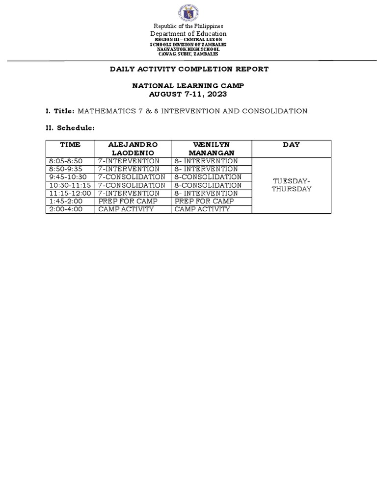 Daily Activity Completion Report August 7-11 | PDF