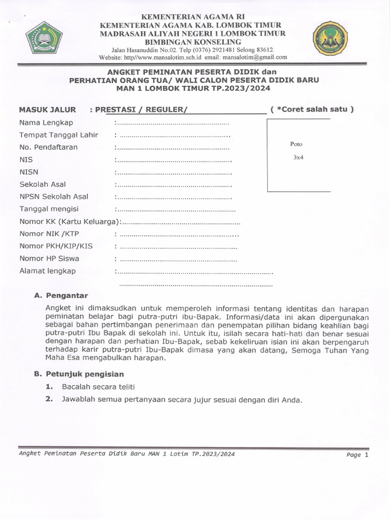 Angket Peminatan PPDB TP 2023-2024 | PDF