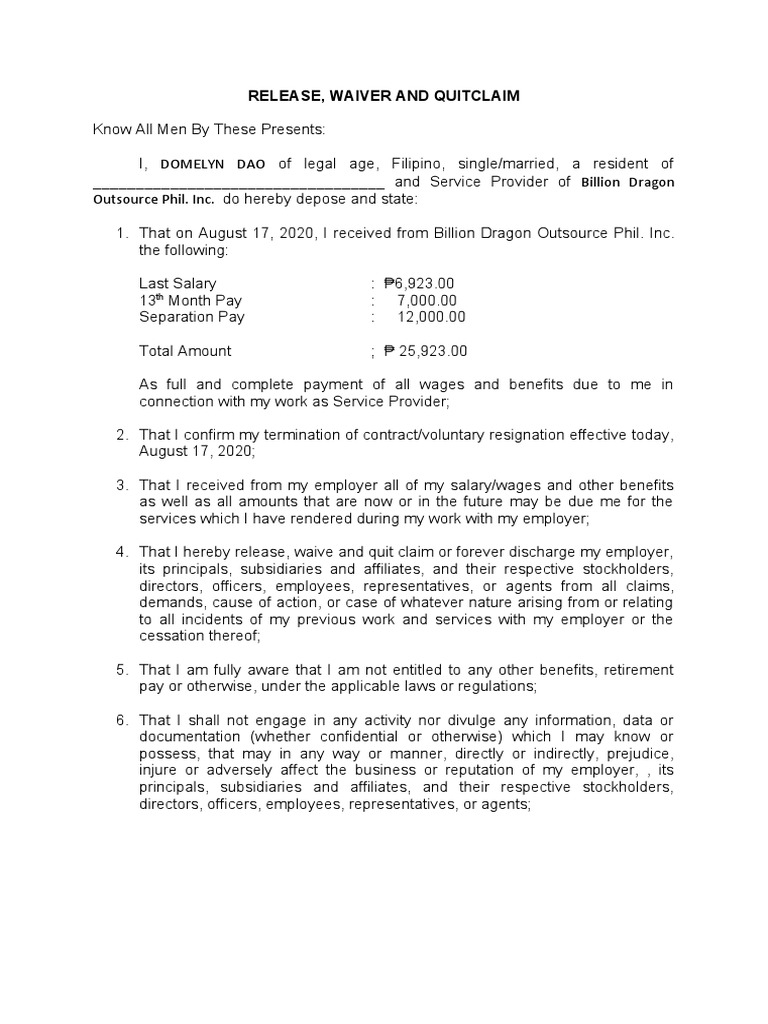 Waiver, Release and Quit Claim-2 | PDF | Employment | Salary