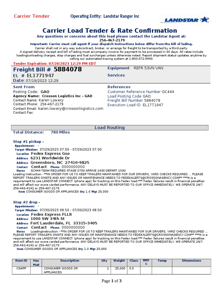 Landstar Carrier Load Tender Details | PDF | Cargo | Receipt