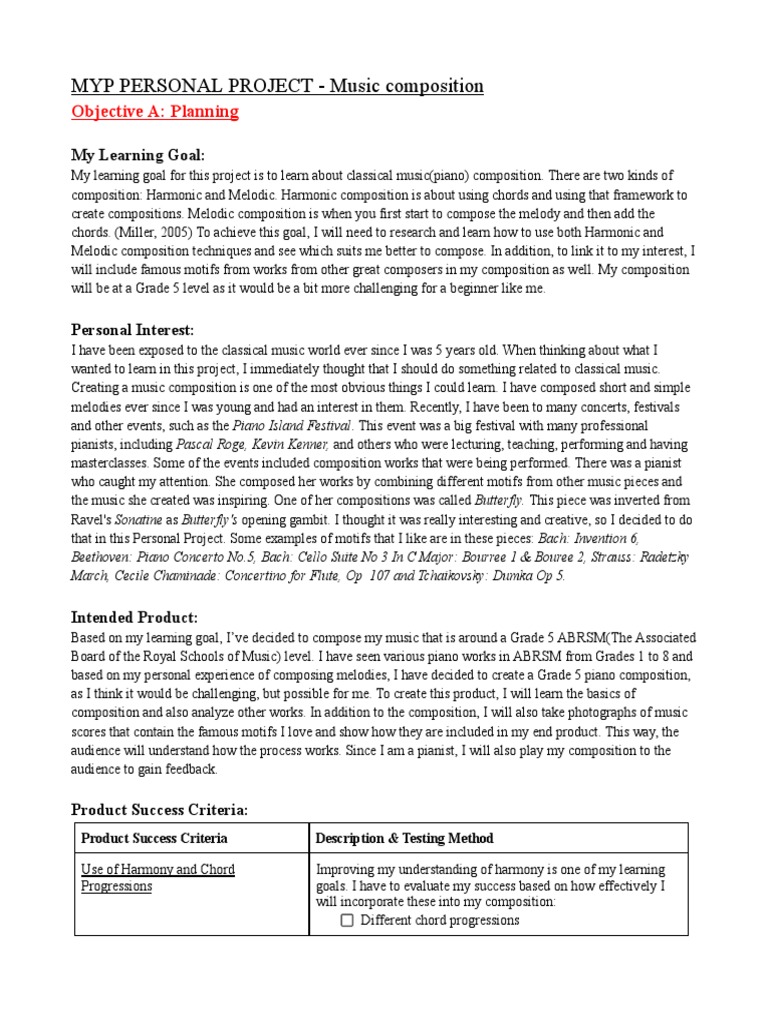 MYP PERSONAL PROJECT - Creating A Music Composition | Download Free PDF ...