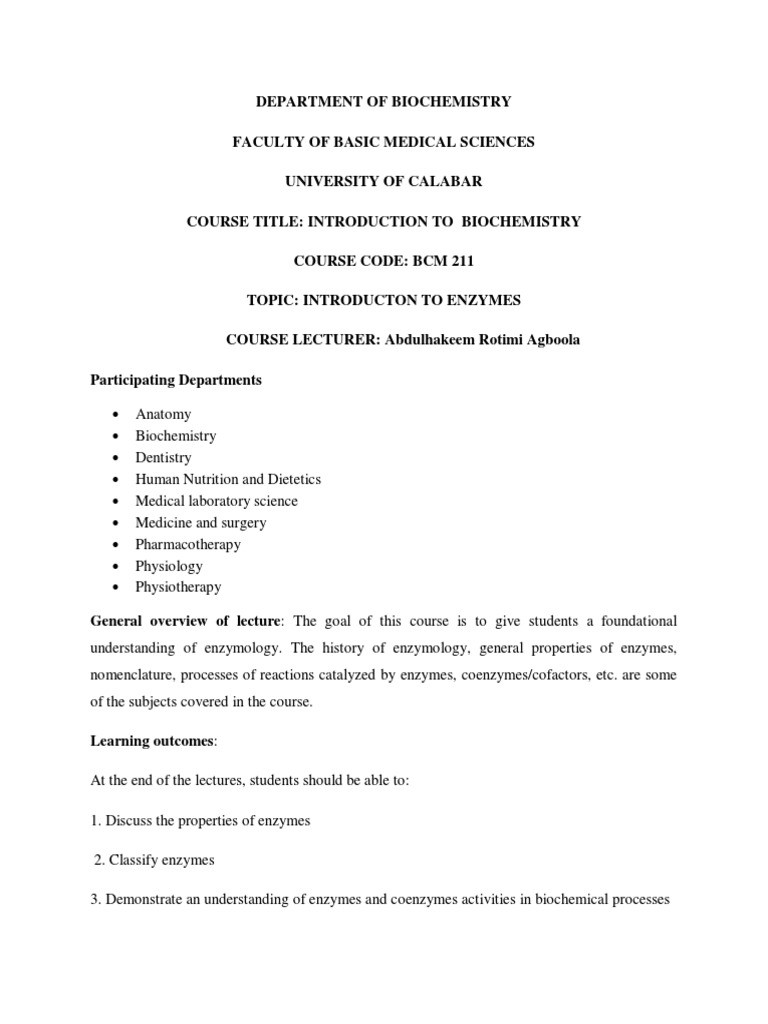 BCM 211 Note - Intro To Enzymes | PDF