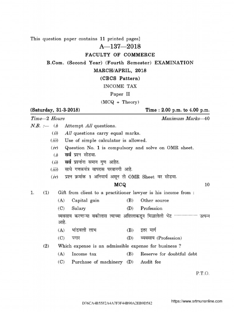Bcom 4 Sem Income Tax A 137 Apr 2018 | PDF