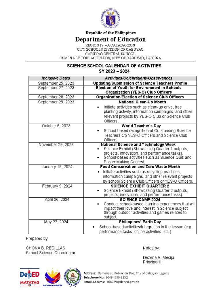 School Calendar Activities in Science SY 2023-2024 | PDF