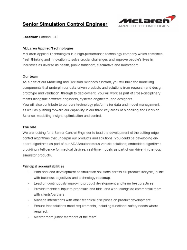 Senior Control Engineer Role London | PDF | Simulation | Engineer