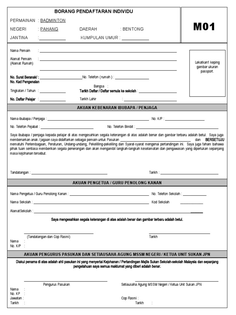Borang m01 MSSM 2019 | PDF