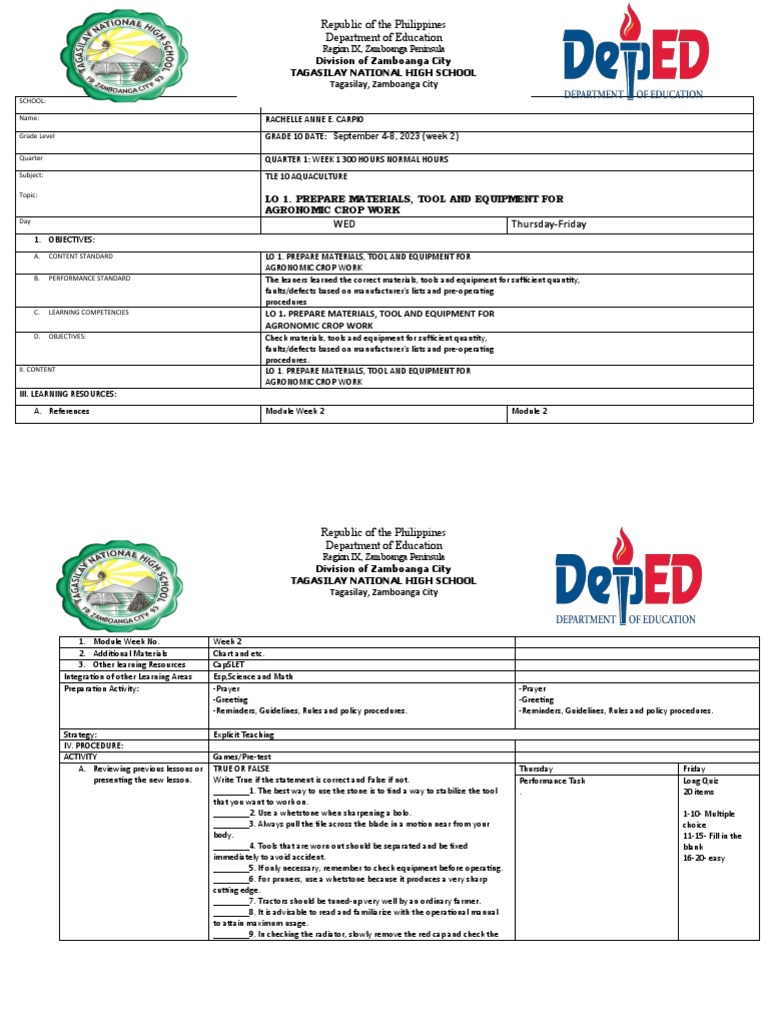 TLE Grade 10 Aquaculture Lesson Plan | PDF | Blade | Tractor
