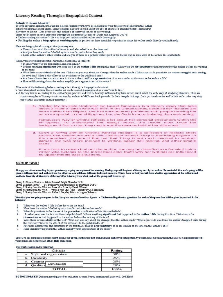 Literary Reading Through A Biographical Context Pdf Biography Poetry