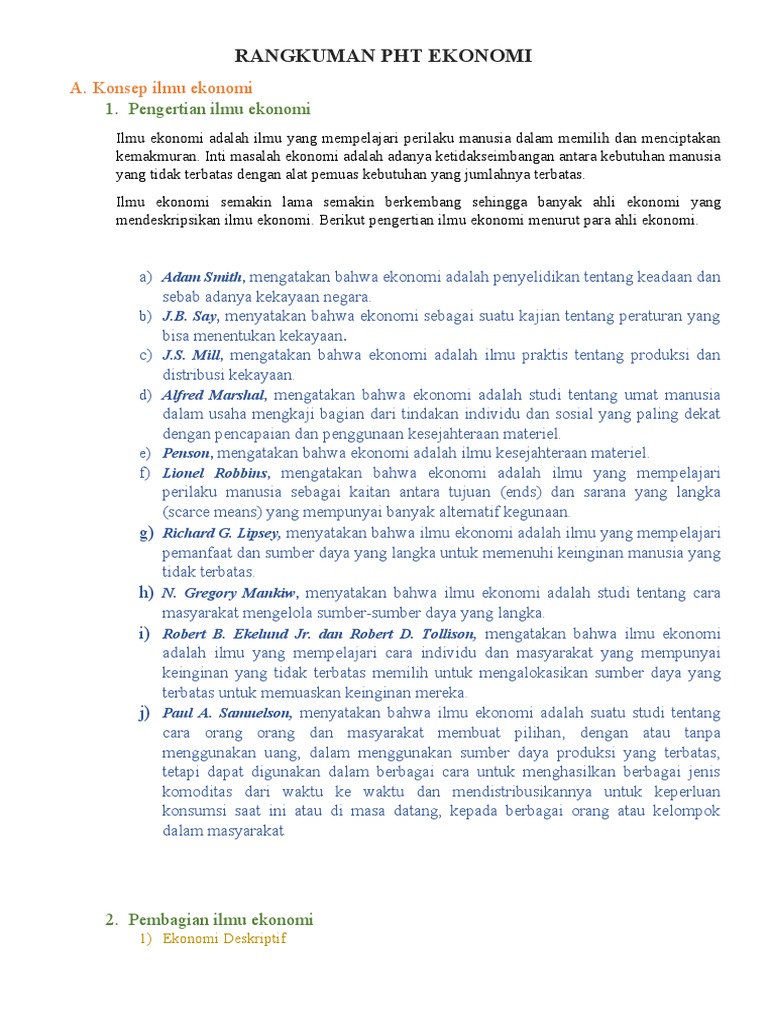 Rangkuman PHT Ekonomi Kurikulum Merdeka Kelas 10 | PDF