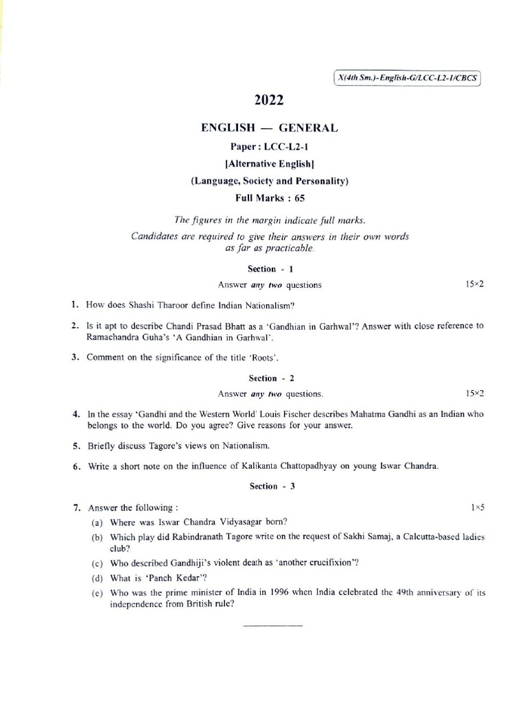 CU-2022 B.A. (General) English Semester-4 Paper-LCC-L2-1 QP | PDF