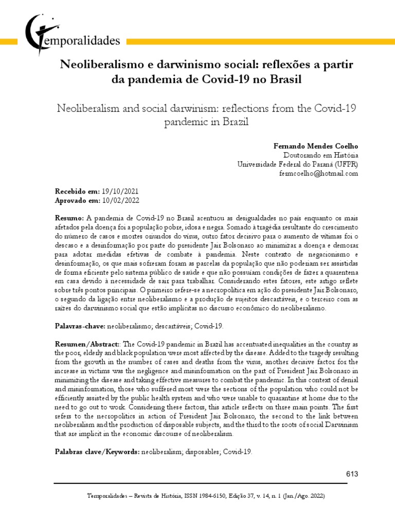 Neoliberalismo e Darwinismo Social: Reflexões A Partir Da Pandemia de Covid-19 No Brasil | PDF ...