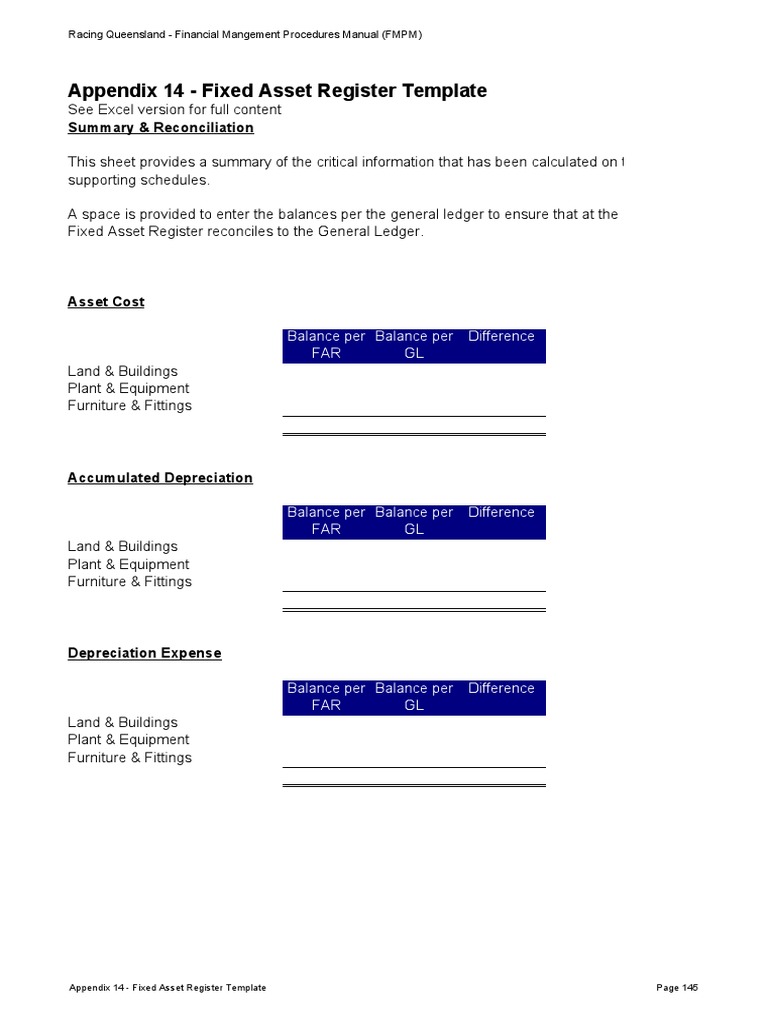 Fixed Asset Register Tracking Excel Format Template Download | PDF ...