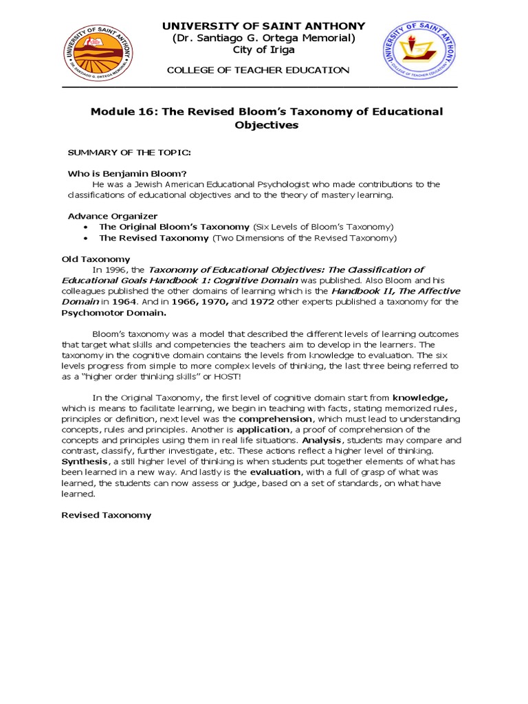 Module 16. Bloom's Taxonomy | PDF | Learning | Behavioural Sciences