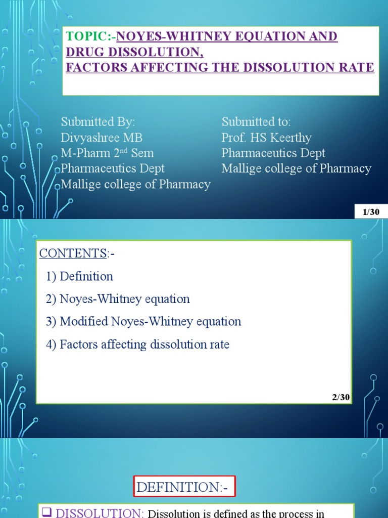 Noyes-Whitney Equation in Drug Dissolution | PDF