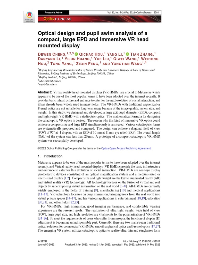Optical Design and Pupil Swim Analysis of A Compact, Large EPD and Immersive VR Head Mounted ...