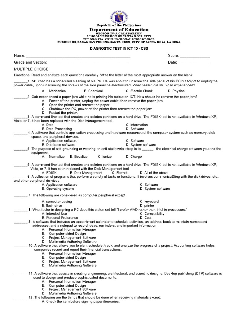 Diagnostic Test ICT 10 | PDF | Computer Hardware | Personal Computers