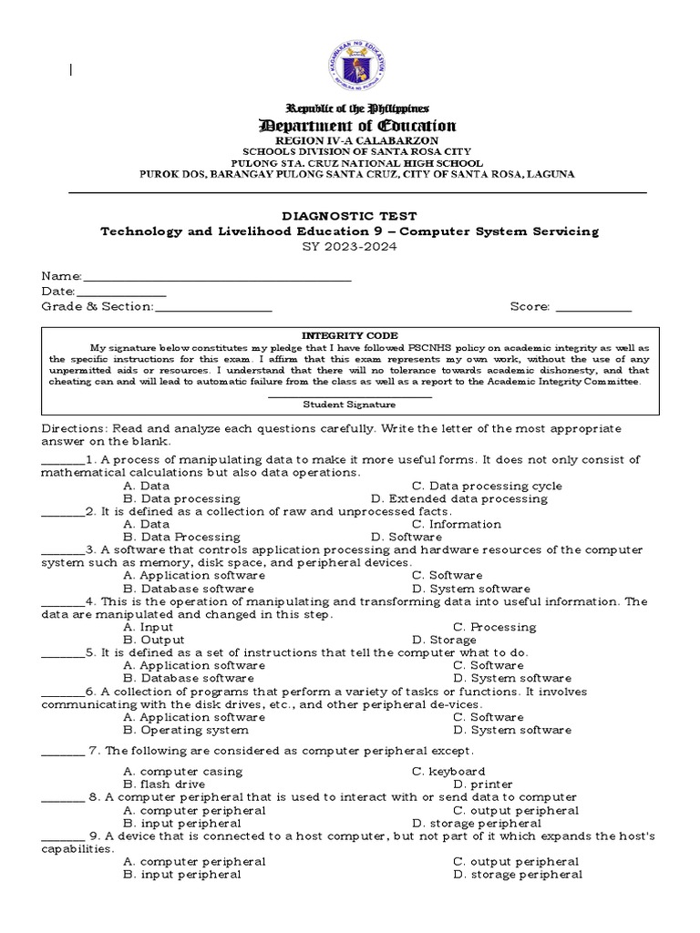 Tle 9 - Diagnostic Test | PDF | Computer Hardware | Input/Output